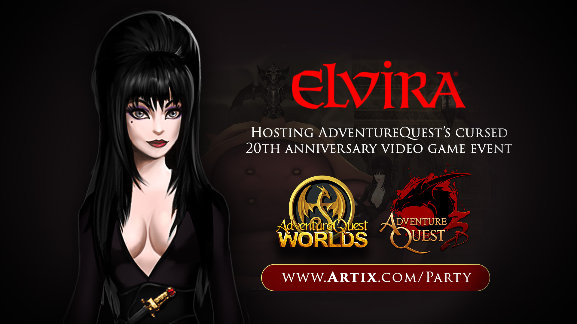 Coming next week! Elvira hosts AdventureQuests Cursed 20th Anniversary Event on Artix Entertainment